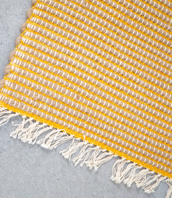 Jute & Cotton Floor Mat - Thick, Yellow Stripe, 90x60cm - Fair Go Trading